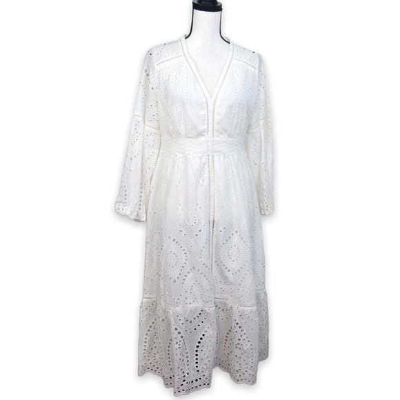 o.p.t | Dresses | Opt White Floral Eyelet Lace Dress Size L Nwt Midi ...